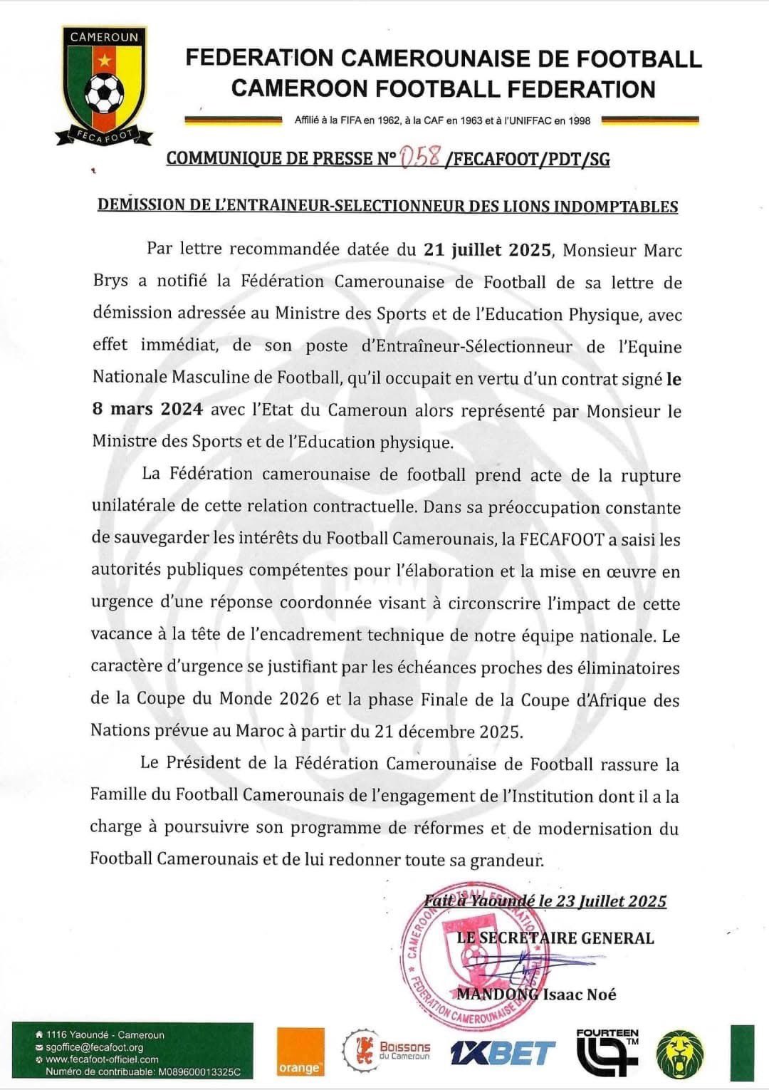 Official | Marc Brys leaves the Cameroon national team! - Foot Africa