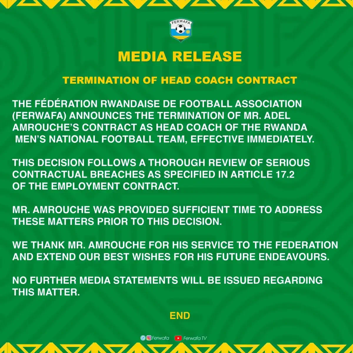 Official separation between FERWAFA and Adel Amrouche - Foot Africa